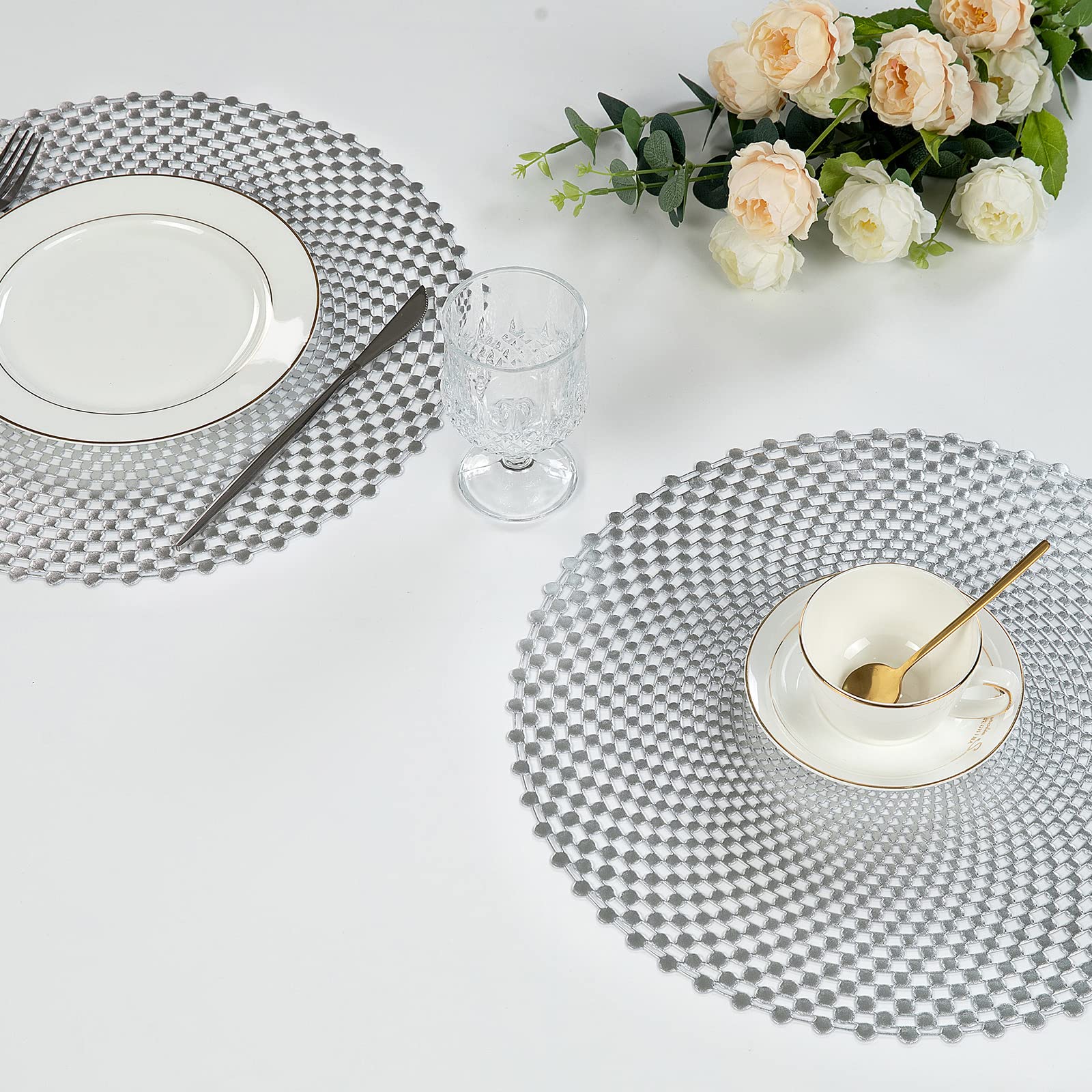 Crisjanggo Silver Metallic Placemats Set of 6 Pressed Vinyl Round Tablemats Simple Hollow Out Design Mats Washable Stain Resistant Nonslip Place Mat for Dining Table Wedding Party Decoration
