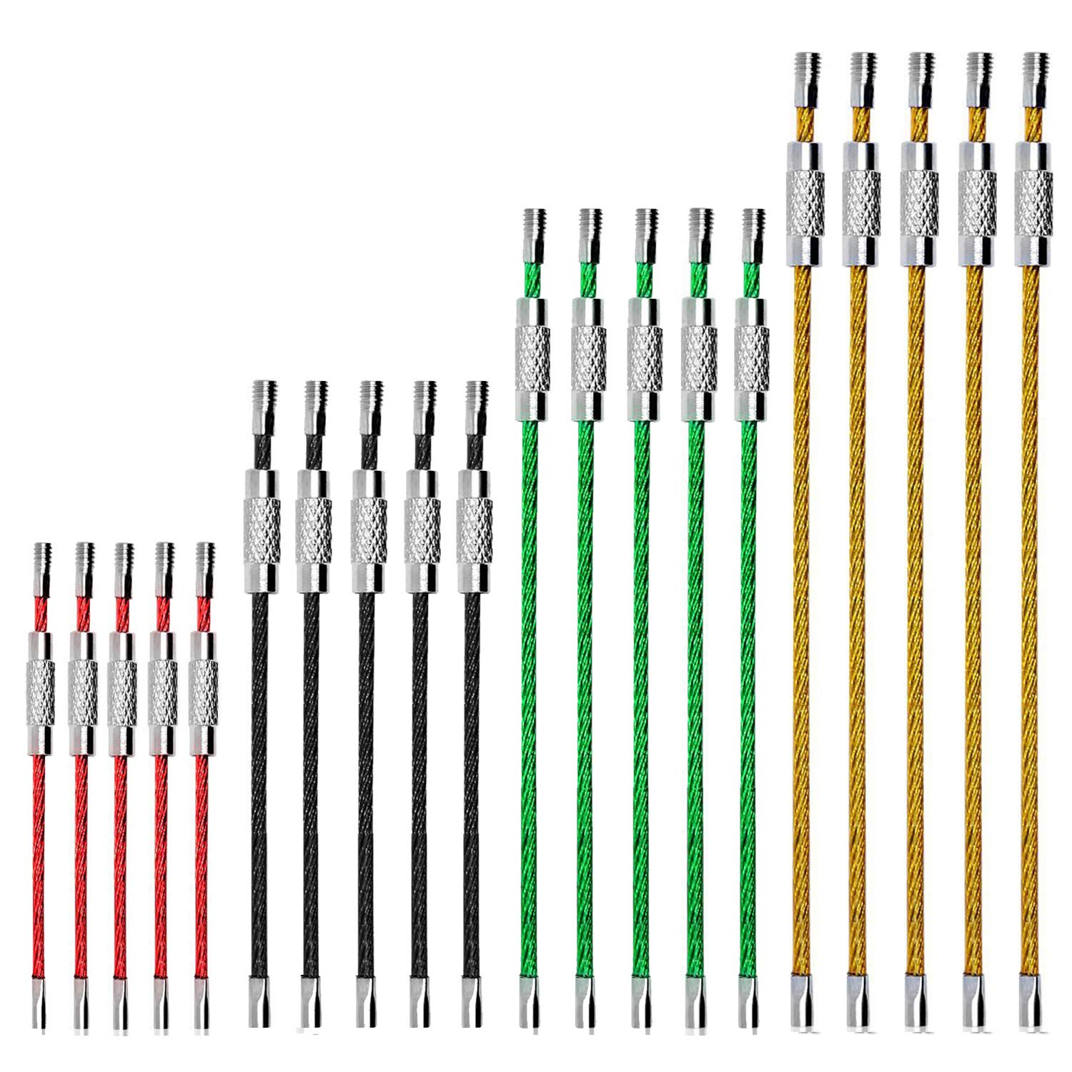 CNYMANY 20 pcs Metal Wire Keychains, 4" 6" 7.8" 10" Cable Keyrings 2mm Key Rings Loops with Stainless Steel Connecter for Hiking Luggage ID Tags - Red, Yellow, Green, Black