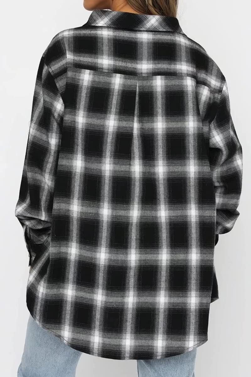 CHYRII Womens Button Down Flannel Shirts Long Sleeve Plaid Shacket Business Casual Tops Black XL