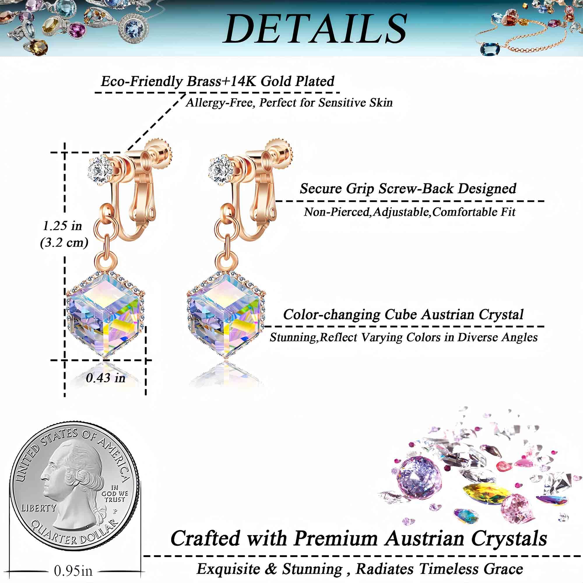 Cube Austrian Crystal Drop Clip On Dangle Earrings for Women Non Pierced 14K Rose Gold Plated Hypoallergenic Jewelry (Aurora Borealis)