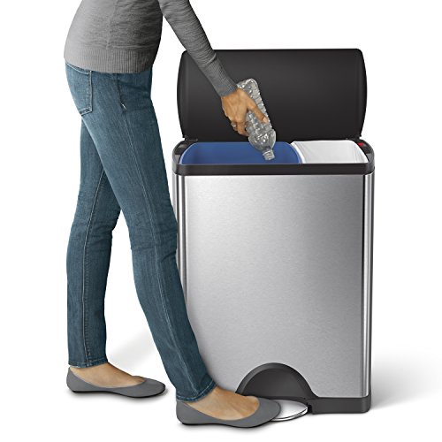 simplehuman 46 Liter / 12.2 Gallon Rectangular Kitchen Dual Compartment Recycling Step Trash Can, Brushed Stainless Steel