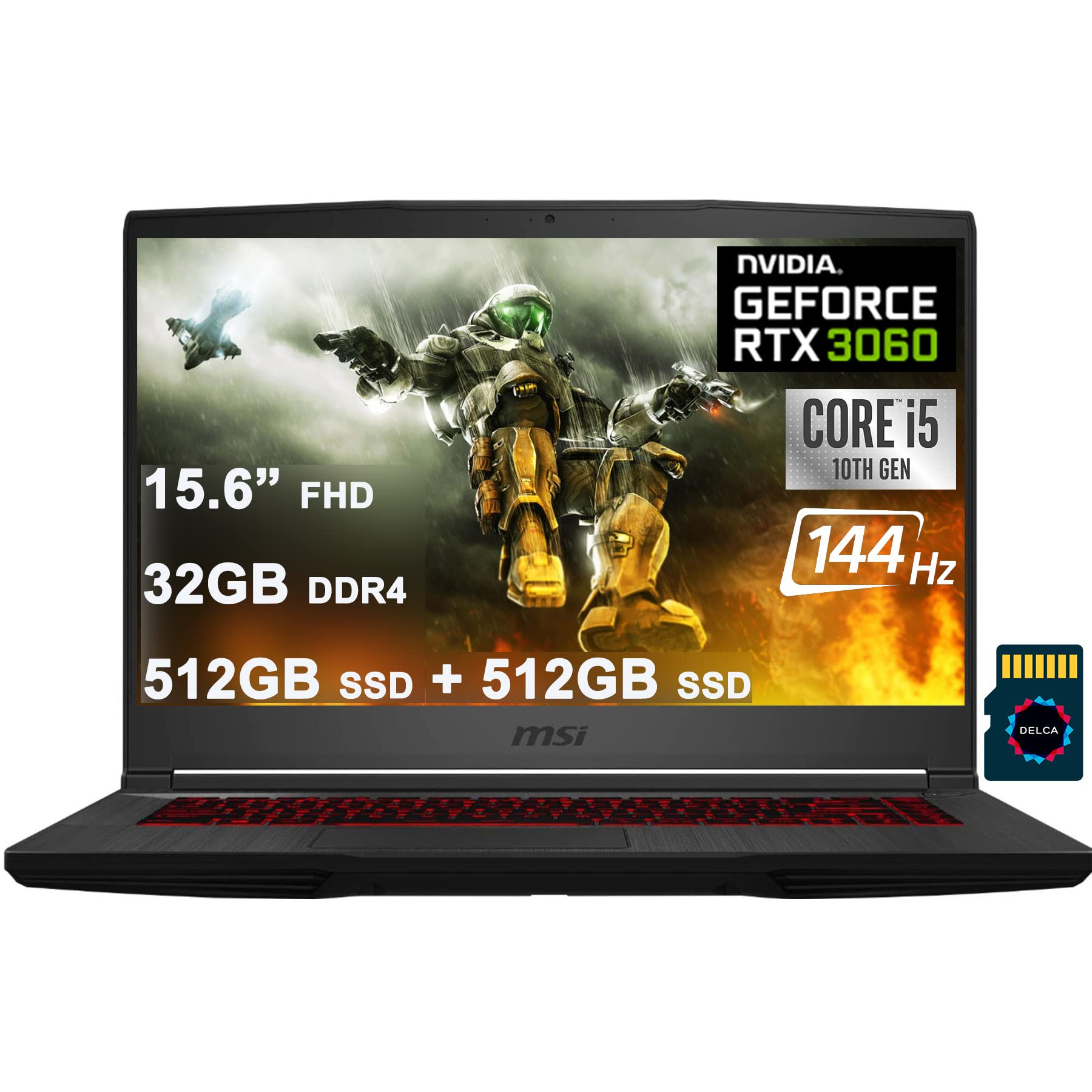 MSI GF65 Thin Premium Gaming Laptop I 15.6โ FHD IPS 144Hz I Intel 6-Core i5-10500H (>i7-9750H) I 32GB DDR4 512GB SSD + 512GB SSD I GeForce RTX 3060 6GB USB-C Backlit Win10 + 32GB MicroSD Card