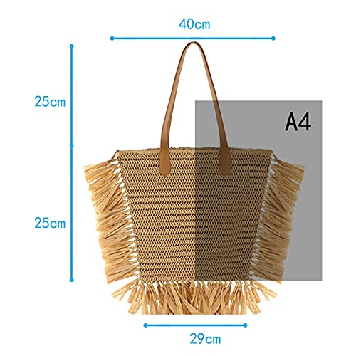 Women Large Fringe Straw Woven Shoulder Bag Summer Beach Top-Handle Bag Travel Tote