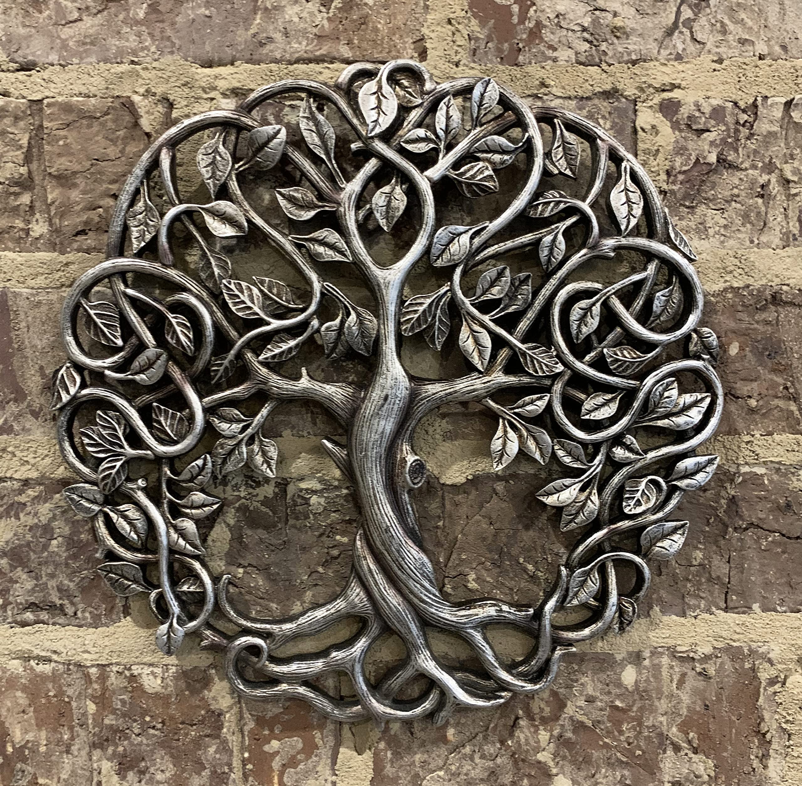 Top Brass Tree of Life Wall Plaque 11 5/8 Inches Decorative Celtic Garden Art Sculpture - Antique Silver Finish