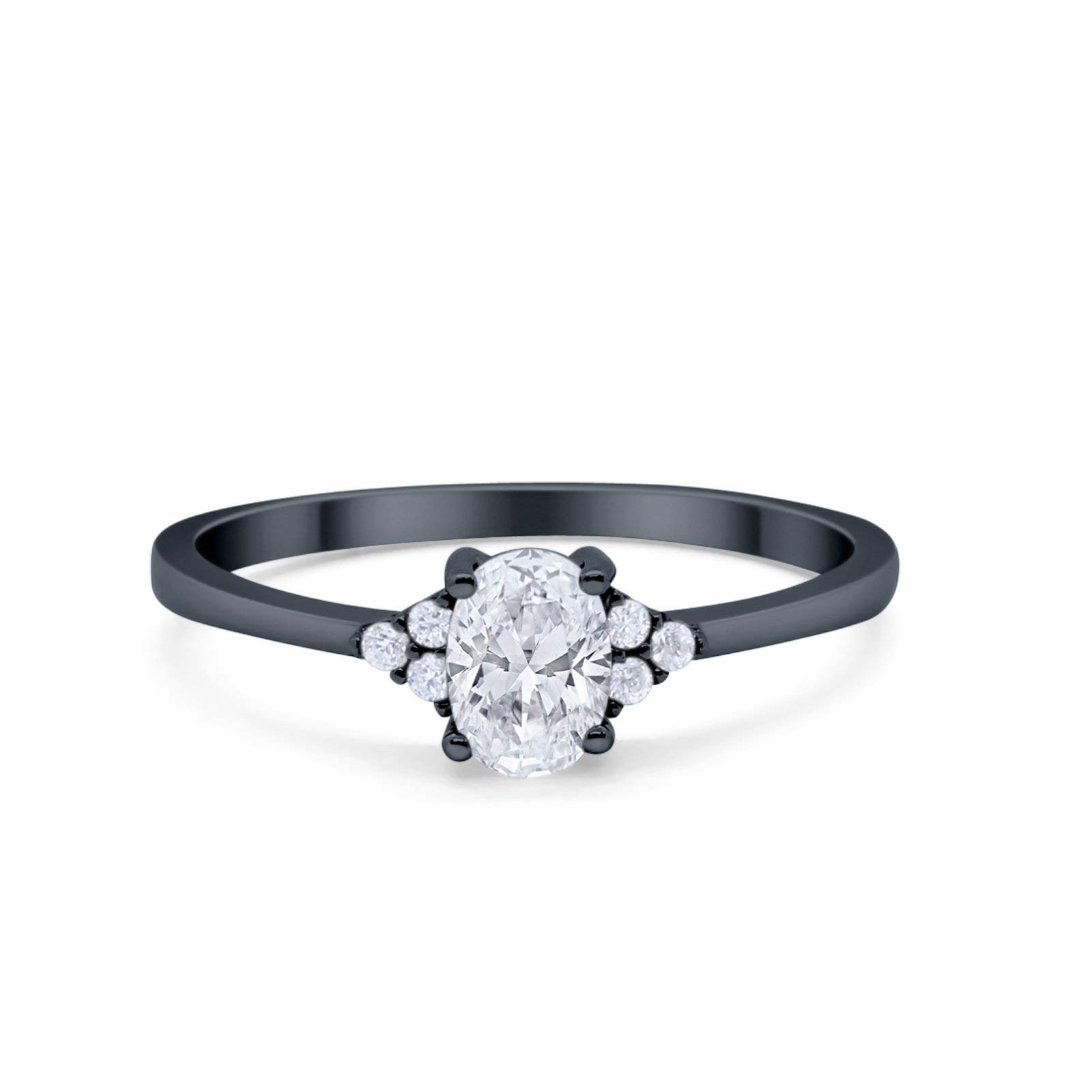 Cubic Zirconia Black Tone Size-11 Minimalist 7mm Oval CZ Trillium Solitaire Ring Vintage Style Cartridge Ring Statement Wedding Engagement Rings For Women 925 Sterling Silver Gifts For Her