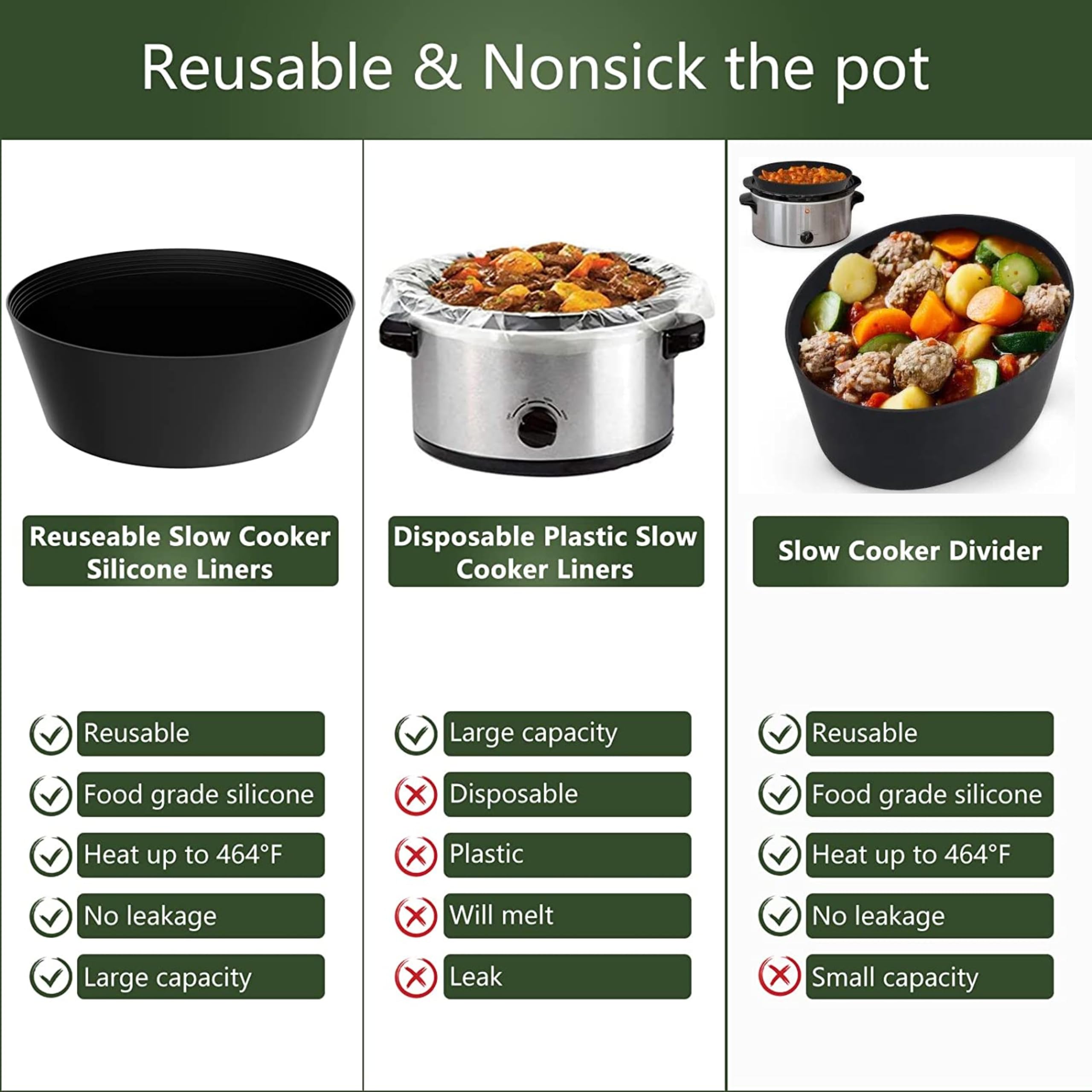 Crock Pot Liners - Silicone Slow Cooker Liners Compatible with 8 QT Crockpots - Reusable, Easy to Wash, Dishwasher and BPA Free - Black