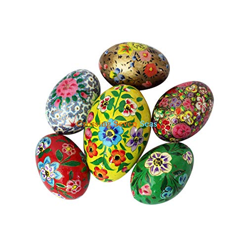 Crossing Seven Seas 3" Set of 5 Hand Painted Easter Eggs & one 4" Paper Mache Ukrainian Garden Flowers Home décor - Total 6 Eggs.