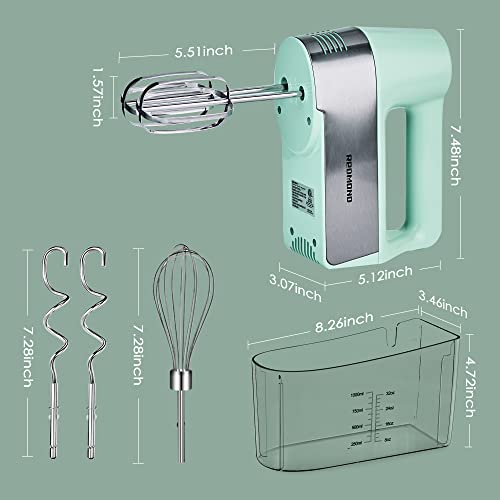 REDMOND Hand Mixer Electric, 5-Speed Hand Mixer with Measuring Storage Case, Kitchen Handheld Mixer Includes Dough Hooks, Whisk and Beaters for Cream, Cake, Cookies, Eggs 250W Hand Mixer with Measuring Box, HM018 Mint Green