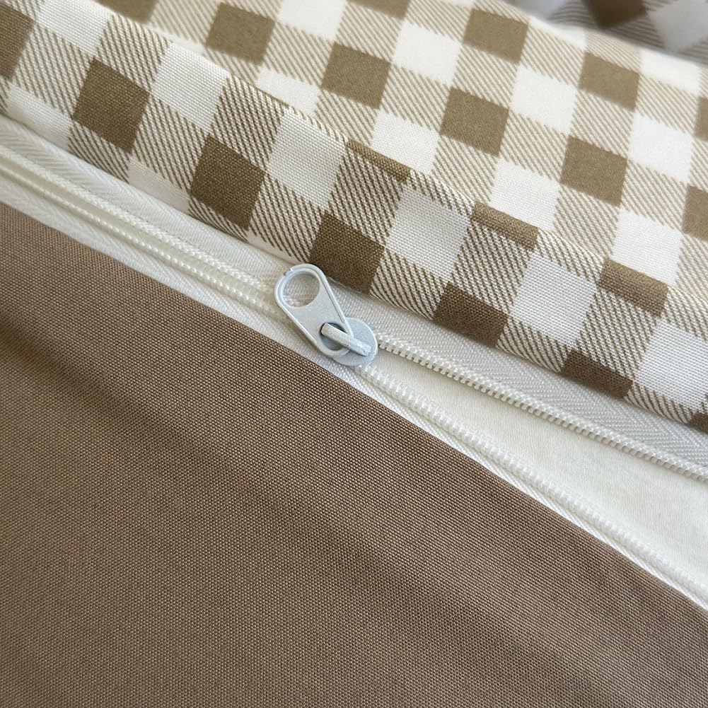 NSNLGSGC Queen Gingham Grid Duvet Cover Set Tan- Washed Microfiber Plaid Comforter Cover Set Brown Soft & Lightweight Breathable Clean Bedding Set(3PCS, Queen)
