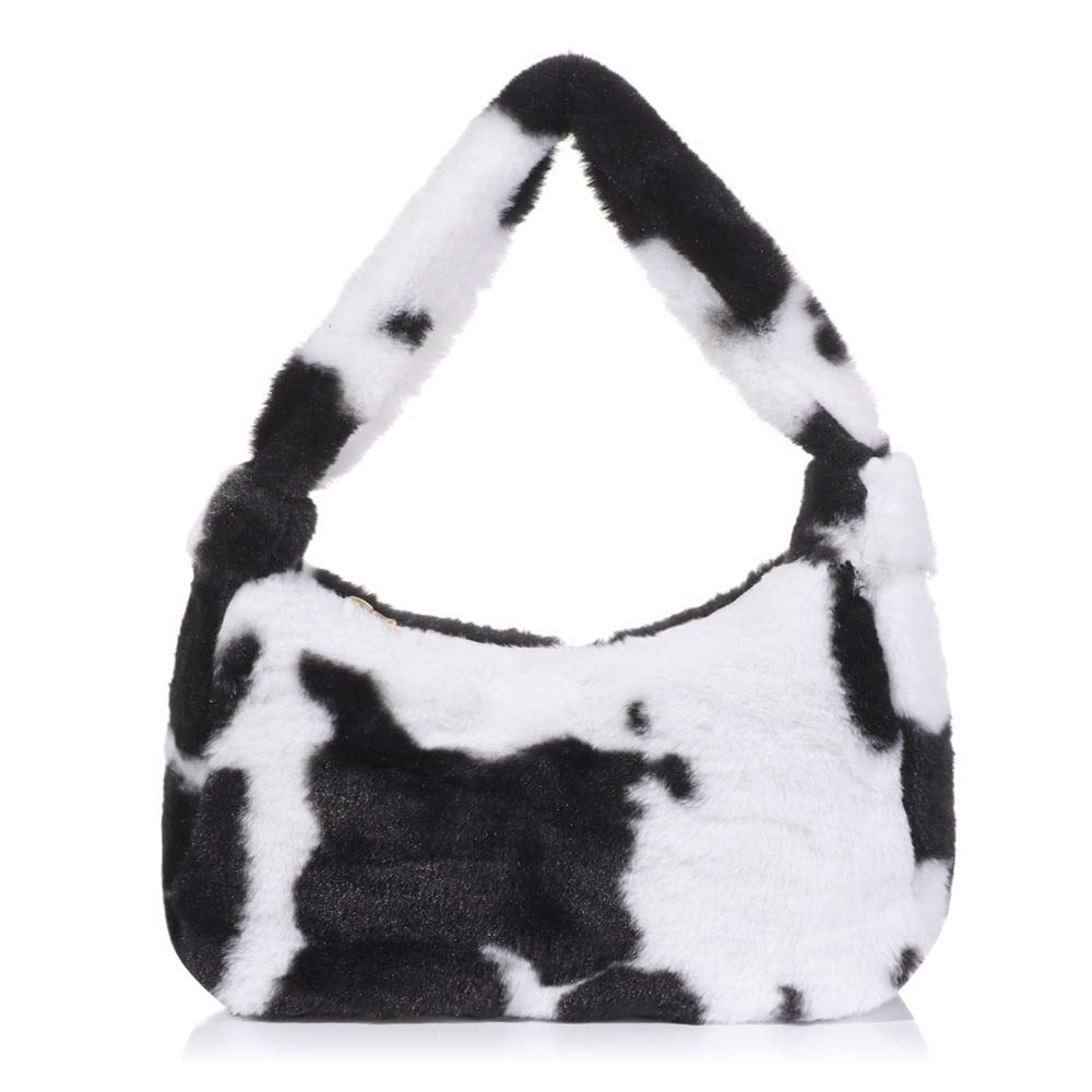 Women Leopard Print Clutch Handbag Plush Faux Fur Tote Bag Soft Warm Shoulder Crossbody Purse (1-cow print White)
