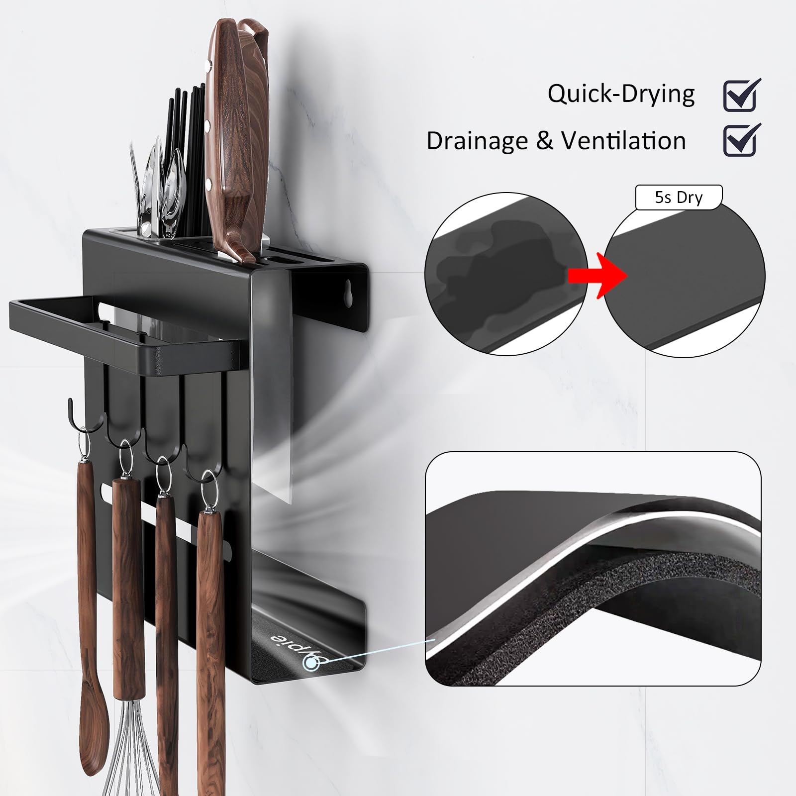 Gypie Knife Holder Without Knives, Multi-Functional Metal Knife Block, Adhesive Or Screw Wall Mount, Quick Draining Space-Saving Knife Storage Organizer for Kitchen (Black)