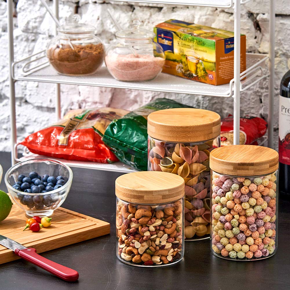 EZOWare Set of 4 Glass Food Jars with Airtight Natural Bamboo Lids, 20 fl oz Kitchen Clear Canister Storage Container Set for Storing Candy, Cookie, Rice, Sugar, Flour, Spices, Nuts, Coffee, Pasta
