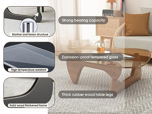 Mid-Century Modern End Table with Solid Wood Base Triangle Glass Coffee Table Vintage Tempered Glass Center Table for Living Room Balcony Accent Table Raw Wood/Transparent Medium 35.8 * 25.5 * 16in