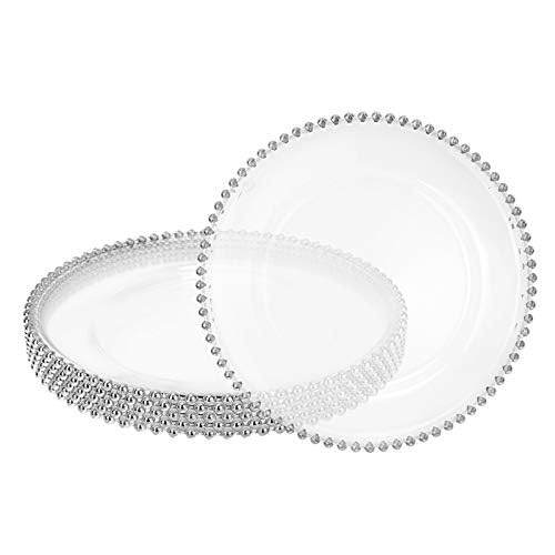 USA Party Flower Elegant Clear Acrylic Charger Plate with Bead Rim, Set of 12 (12.5 inch) (Silver)