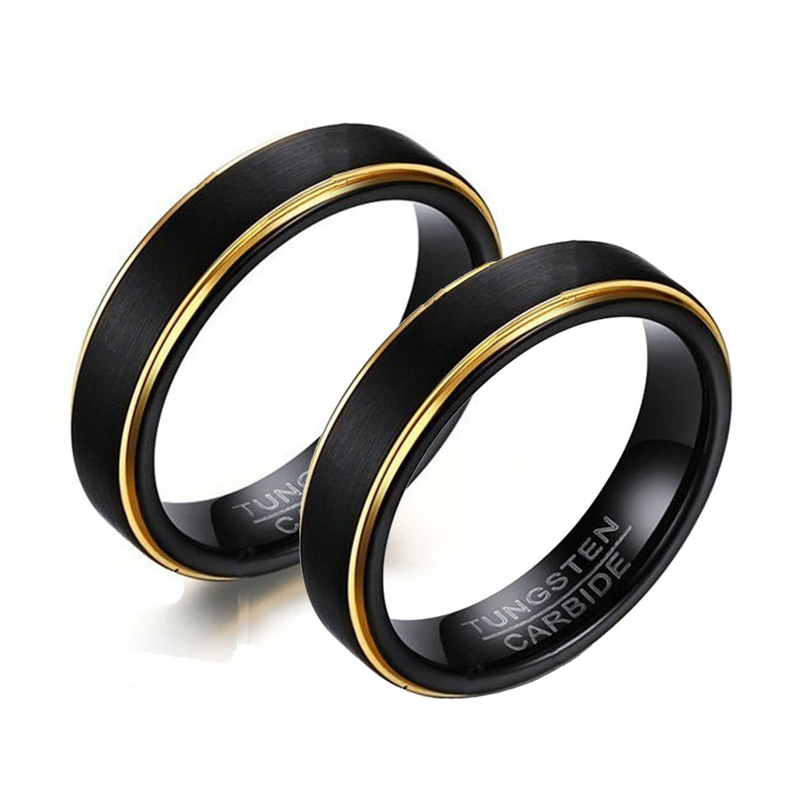 Dsnyu 5MM Couples Wedding Bands, Frosting Brushed with Gold Edge Matching Rings for Men, Tungsten Carbide Black Rings Vintage for Brother Women Size 6 + Men Size 8