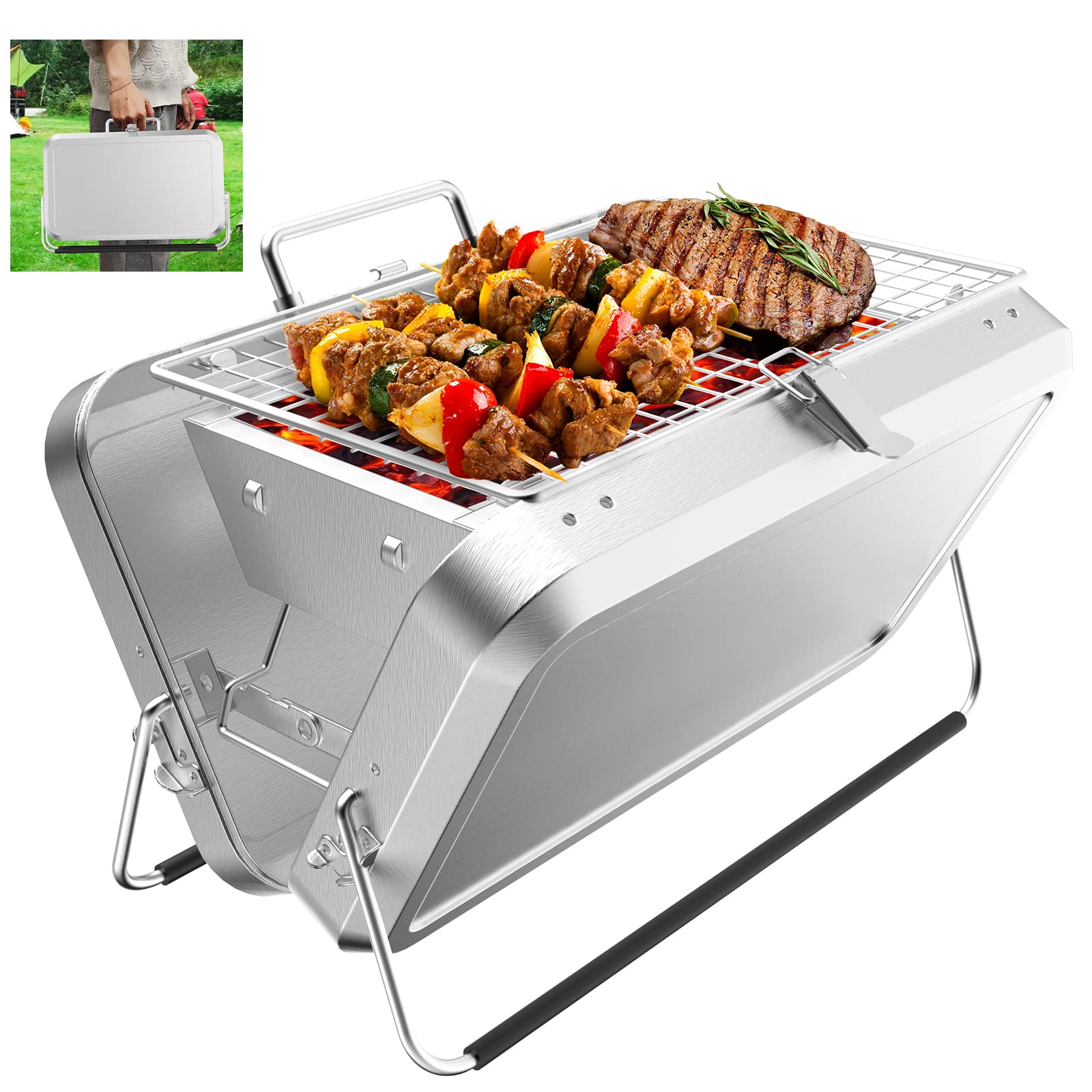 COWEKAI Mini Charcoal Grill, Portable Backpack Stainless Steel BBQ Grill, Table Top Collapsible Barbecue Grill for Small Patio and Backyard, Foldable Outdoor Accessories for Camping, Picnic, Beach
