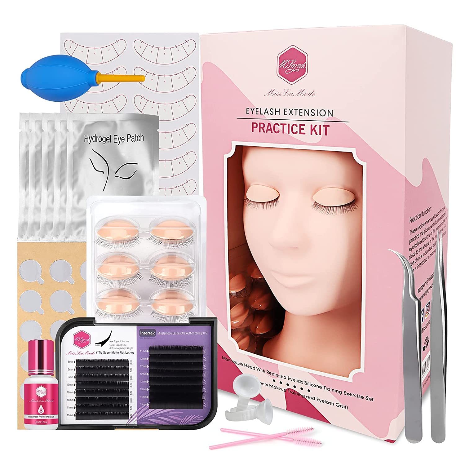 MIILAMOD Eyelash Extension Kit,Training Lash Extension Supplies for Beginners,Lash Mannequin Head With Replaced Eyelids Silicone Training Exercise Set,Eyelash Extension Practice Kit