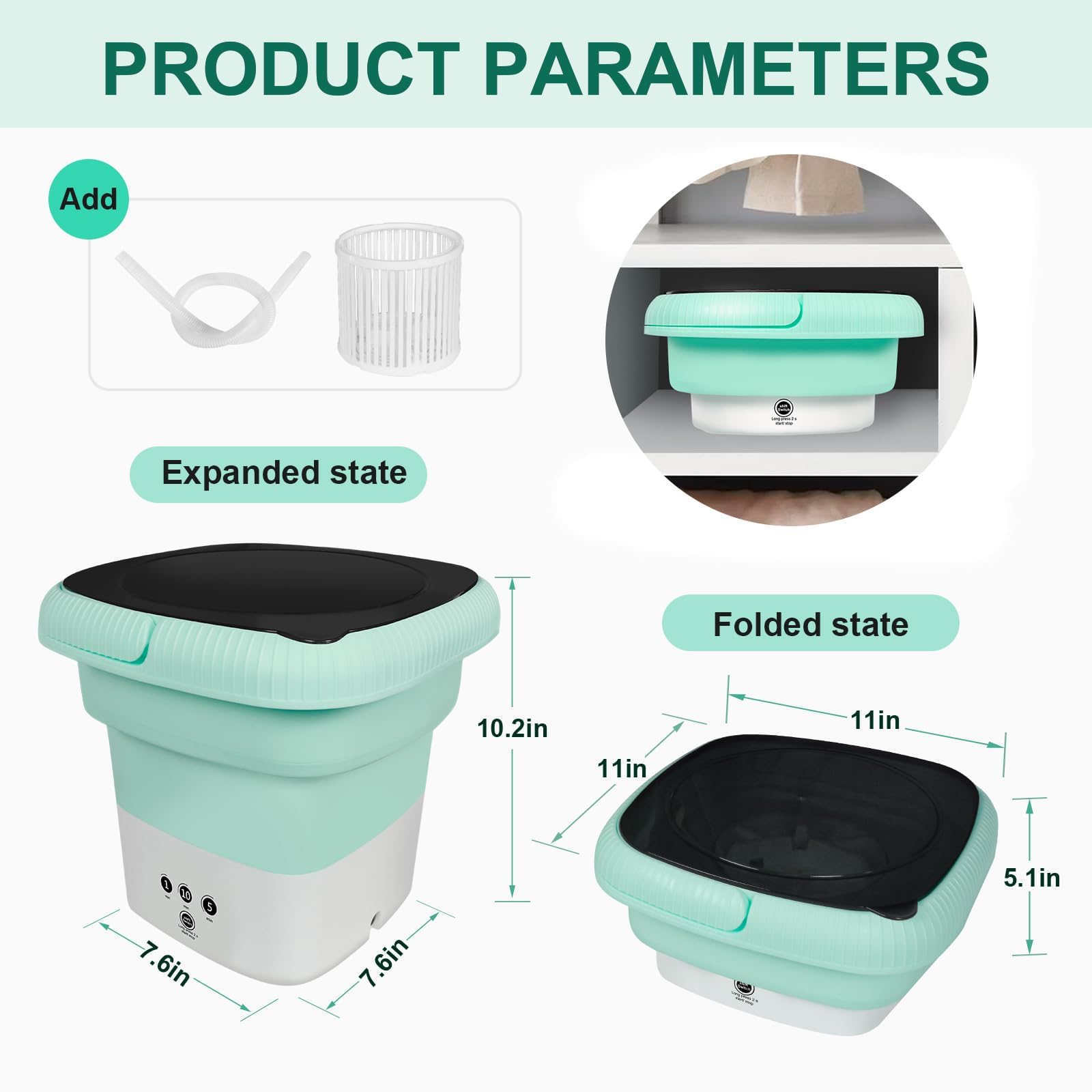 HULKNPEE Portable Washing Machine, 6.5L Mini Washer with 3 Modes Timing Cleaning, Portable Washer with Soft Spin and Draining for Socks, Baby Clothes, Towels and Small Items (Green)