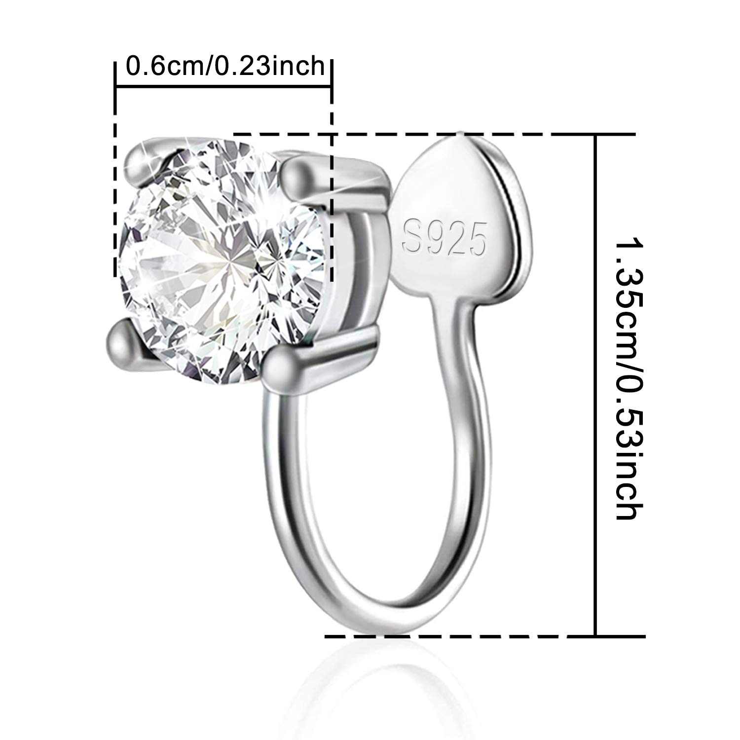 Cubic Zirconia Ear Cuffs - Sterling Silver Hypoallergenic Non-Piercing Cartilage Earrings CZ Clip on Earrings Round Crystal Stud Earrings for Women 6mm