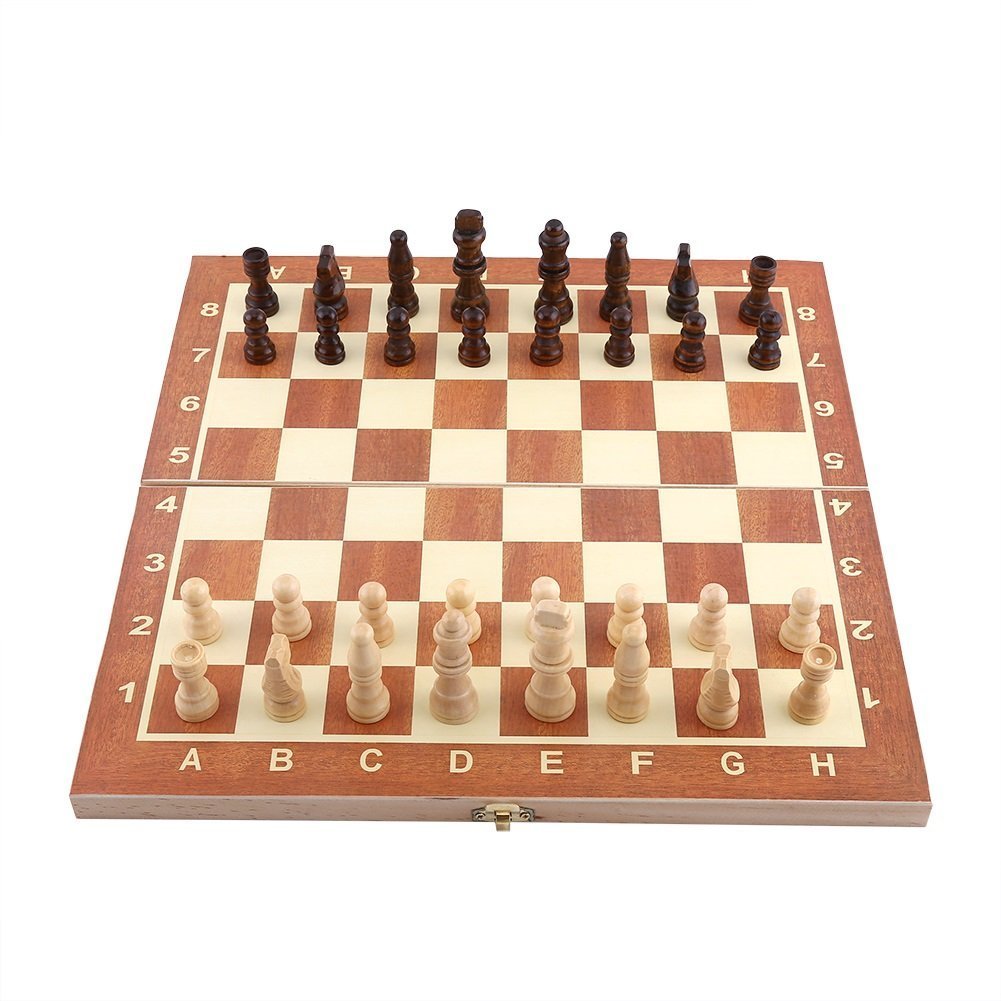 Thur amo Folding Wooden Chess Set with Storage Box 3 in 1 International Board Chess Checkers 34 x 34 cm
