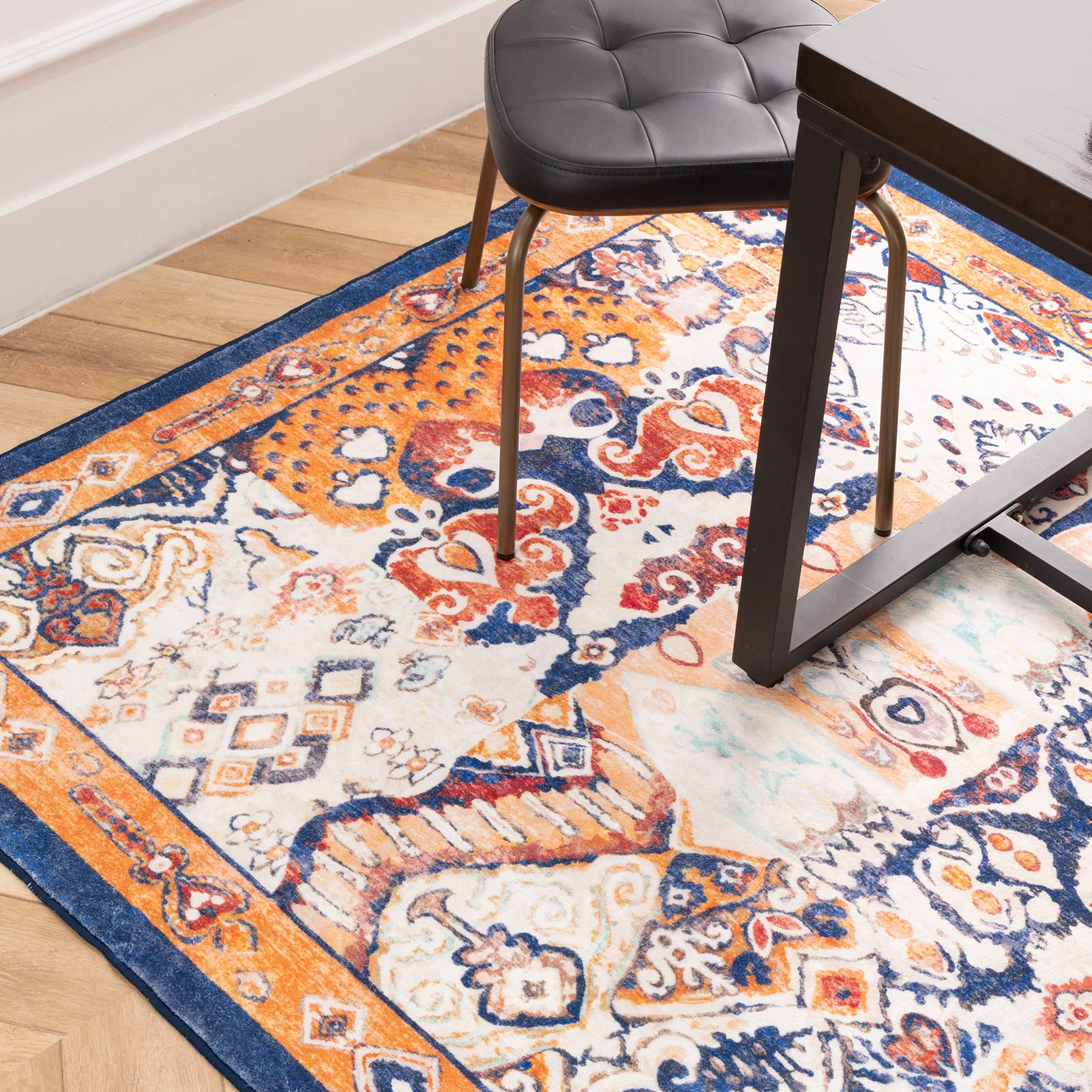 Phantoscope Hallway Runner Rug 2'x6' - Boho Washable Non-Slip Kitchen Rug Runner, Ultra-Thin Vintage Distressed Accent Throw Rug for Entryway Laundry Bathroom Bedroom, Navy/Orange
