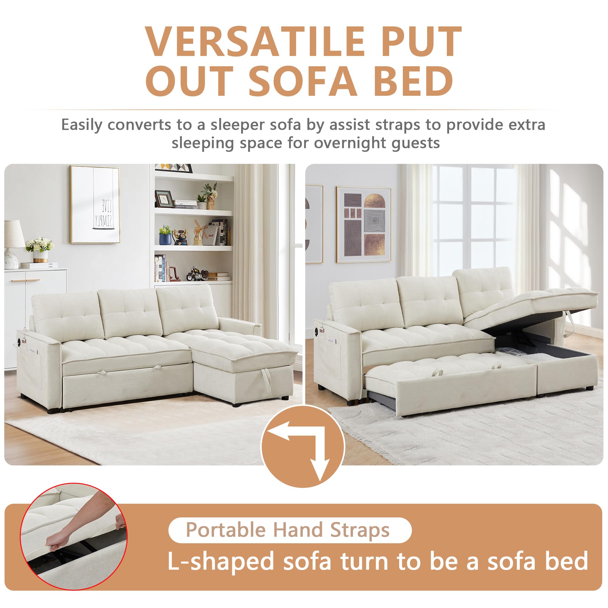 HUMEHA Linen Reversible Sleeper Sectional Sofa, L-Shaped Sofa Bed Pull Out Sleeper 3-Seater Couch with Storage Chaise, Convertible Sectional Sofa Couch for Living Room Apartment, Beige