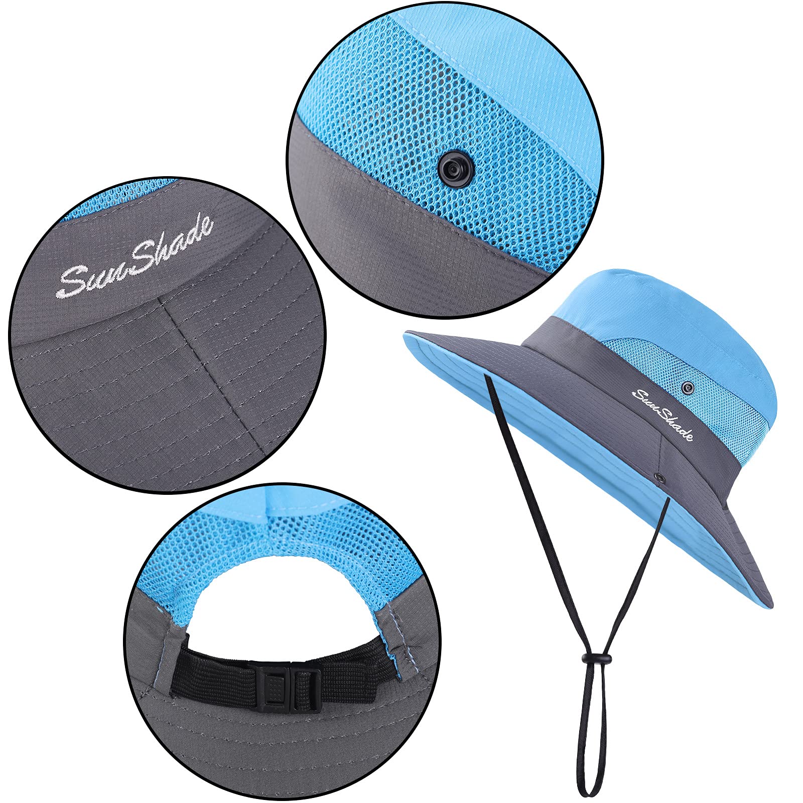 Cooraby 4 Pack UV Women Summer Sun Hat Ponytail Hole Cap Wide Brim Hat Beach Cap for Hiking and Fishing