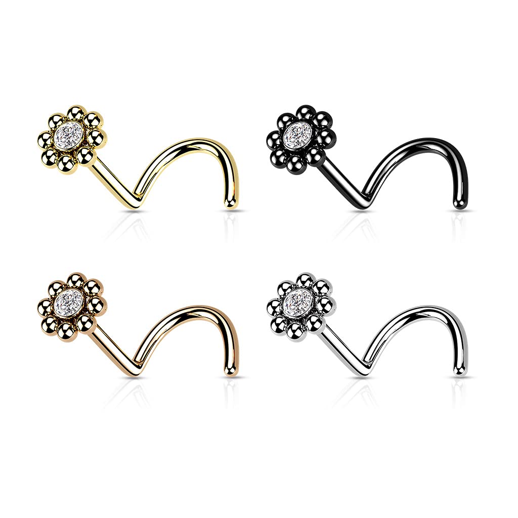 Dynamique Beaded Ball Edge with CZ Center Top 316L Surgical Steel Nose Screw Rings (Sold Per Piece)