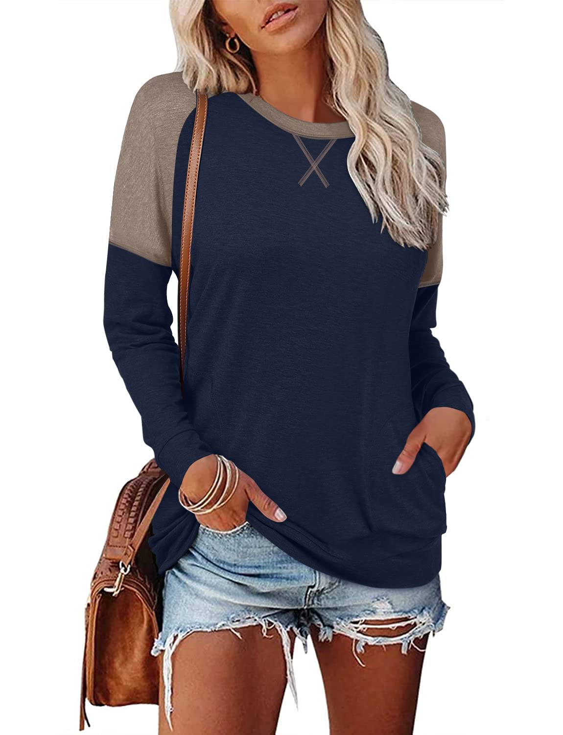 CRAZY GRID Ladies Long Sleeve T Shirt with Pockets Color Block Loose Crew Neck Casual Sweatshirt Blue Brown X-Large