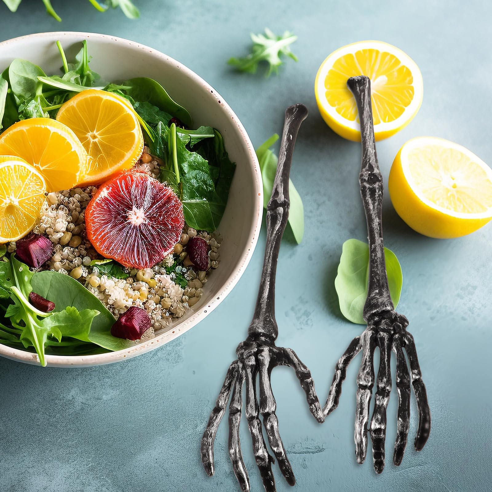 Hemoton 8pcs Halloween Skeleton Hands Salad Tongs Skull Salad Spoon Skeleton Arm Serving Forks Appetizer Kitchen Tableware for Haunted House Party Utensils