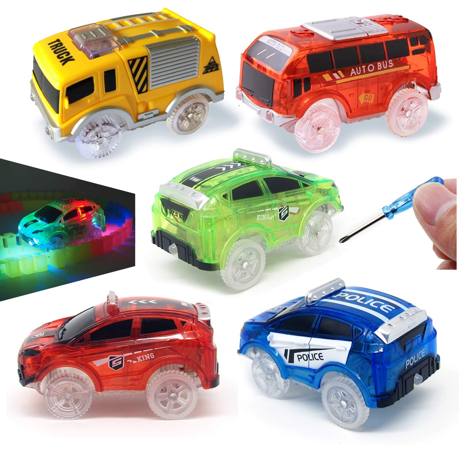 TornadoZ Tracks Cars Replacement Only with 5 LED Flashing Lights Up car, Compatible with Most Tracks, Glow in The Dark, Racing Car Track Accessories, Gift, Kid Boy Girl (4 Pack)