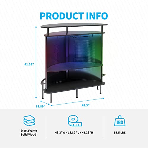 Mjkone Black Wine Bar Cabinet with 4 Tiers Storage | Smart RGB LED Light with Remote Control Metal Counter with Wine Rack | Modern Iron&Wood Liquor Cabinet for Home Bar Pub Cafe