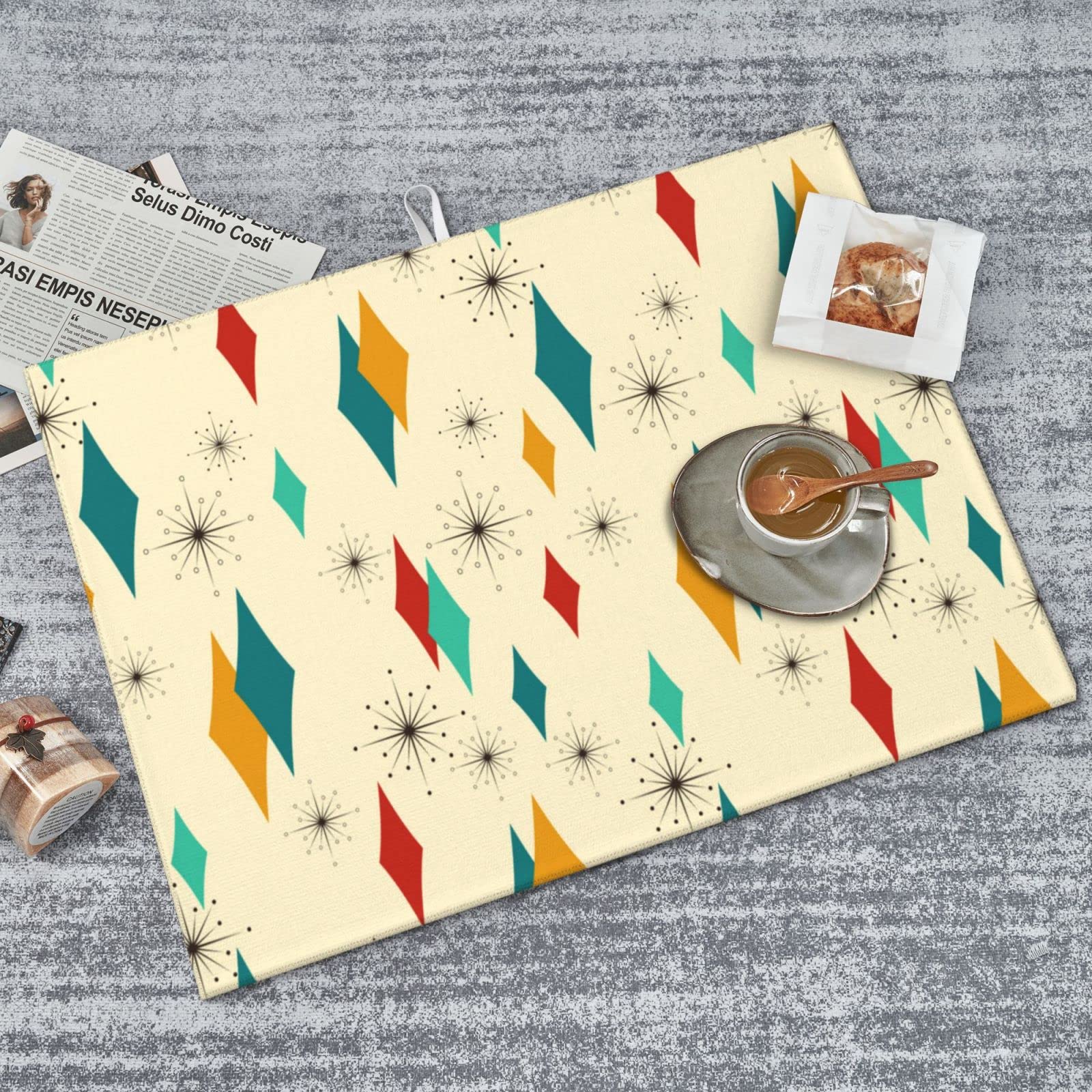 Diamond Retro Kitchen Drying Mat Mid Century Modern Decor Microfiber Dish Drainer Mat for Kitchen Counter Absorbent Reusable Washable 18x24in