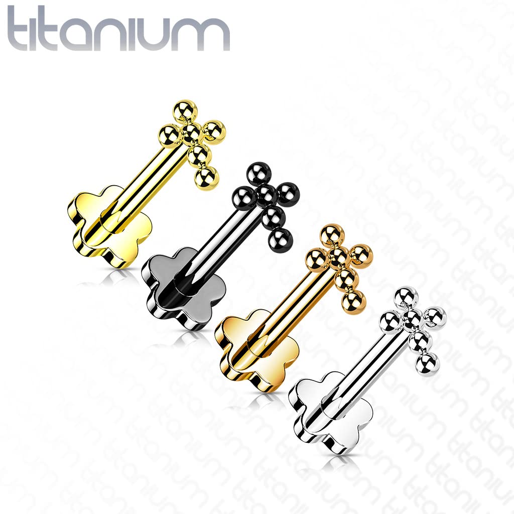 Dynamique Implant Grade Titanium Threadless Push In Flower Base Labret, Flat Back Stud With Ball Cross Top For Cartilage, Lip, Nose (Sold Per Piece)