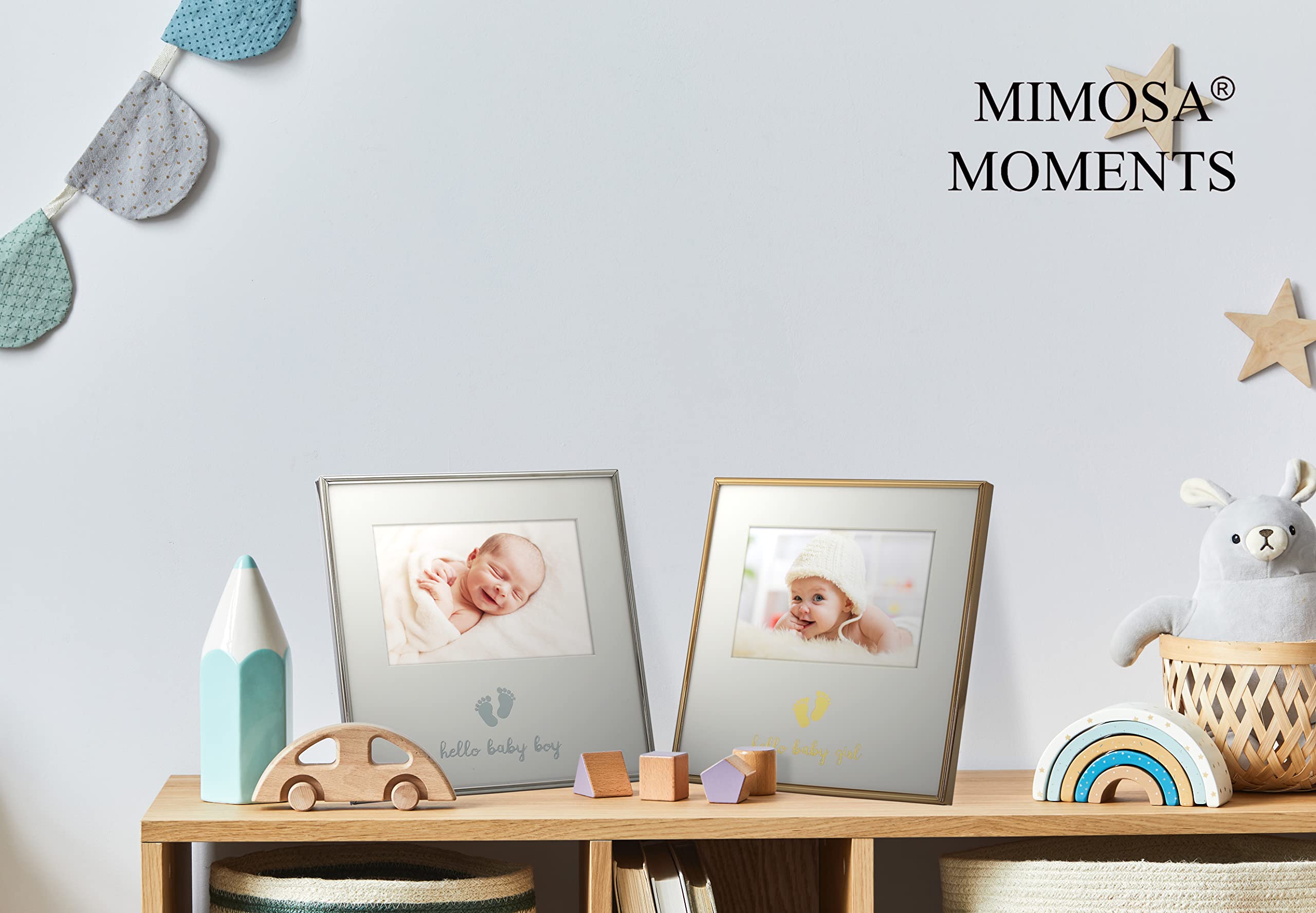 MIMOSA MOMENTS Metal 8''x 8'' Silver-tone with Silver Foil Baby Footprint Photo Frame, The Boys Picture Frame Matted 6''x4''Photo Display (4x6 horizontal, Silver-tone)