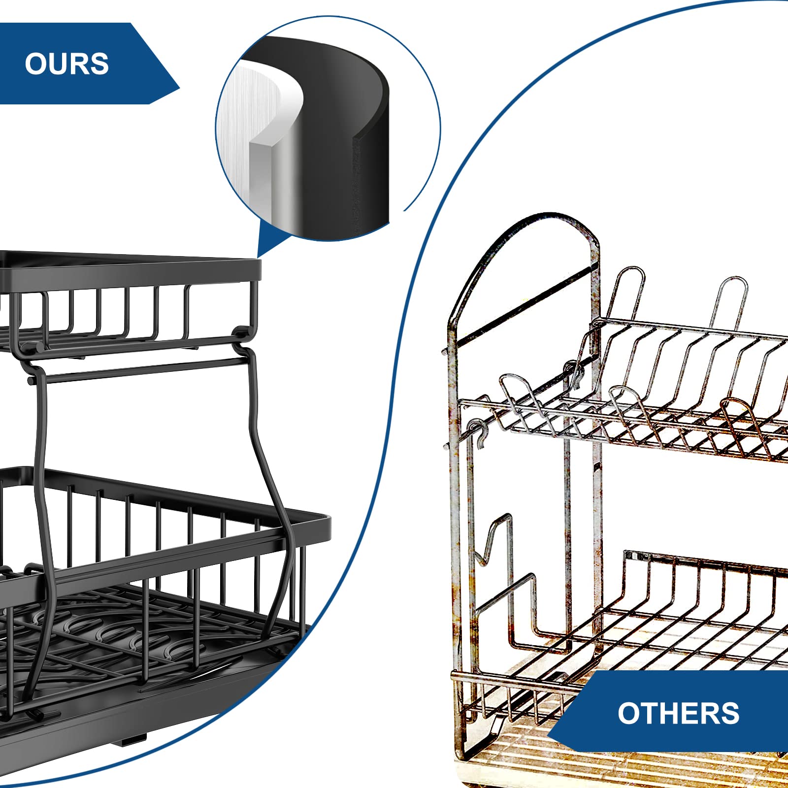 CLOMOOXI Dish Drying Rack, 2-Tier Detachable Dish Racks for Kitchen Counter, Stainless Steel Kitchen Drying Rack with a Cutlery Holder and Cup Holder, Drying Rack for Dishes, Knives, Spoons, Forks