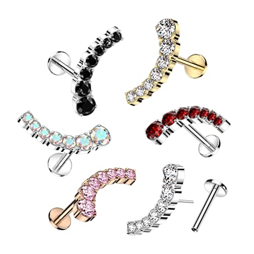 Dynamique Implant Grade Titanium Threadless Push In Labret, Flat Back Stud With Descending 7 CZ Curve Prong Set Top (Sold Per Piece)
