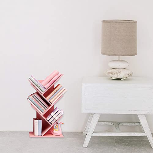 J.DXHY Tree Bookshelf,4-Layer Floor Standing Bookshelf,The Desktop Bookshelf Can Hold Books,Magazines,CDs and Photo Albums,Office Storage Rack,Pink