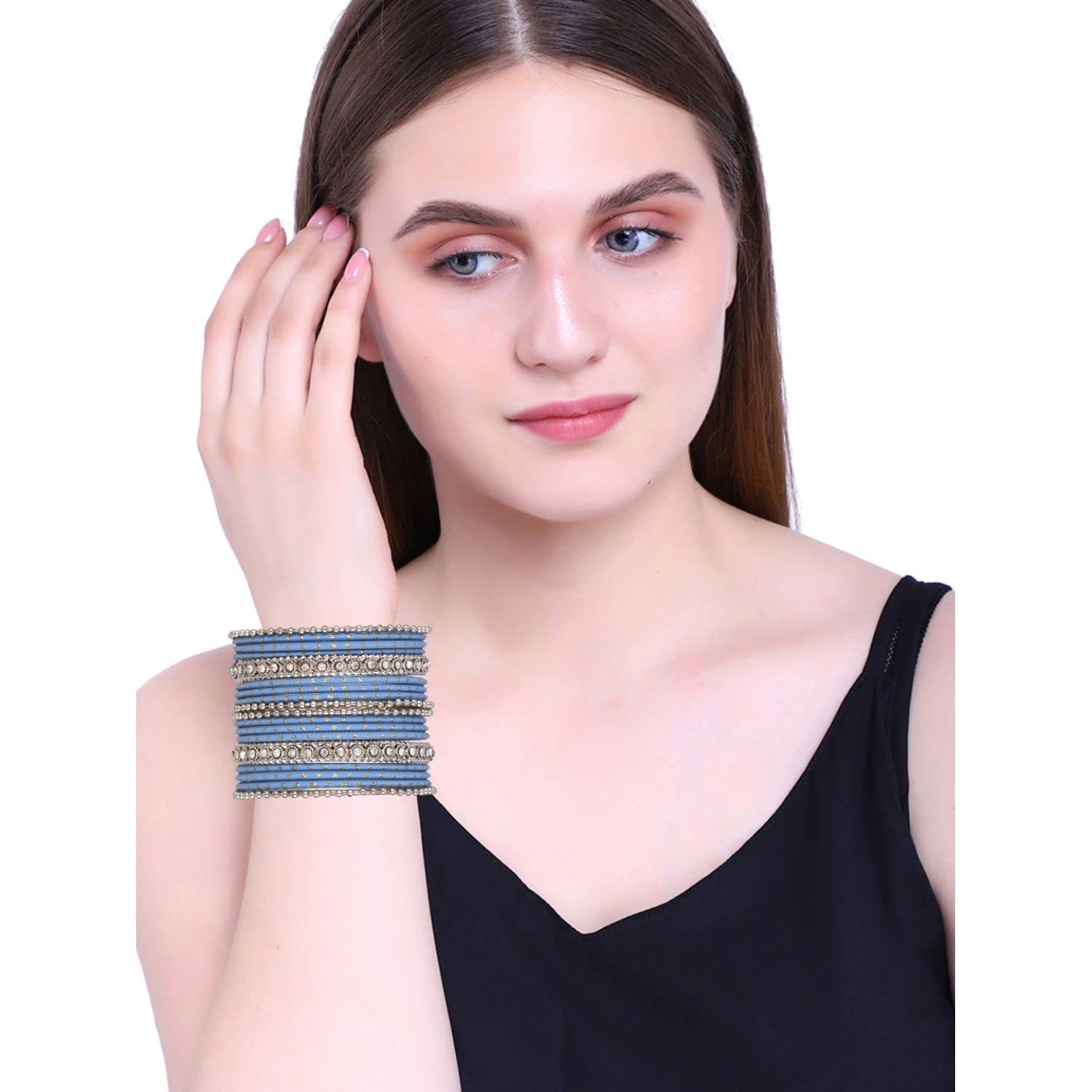Efulgenz Indian Bangle Set Rhinestone Crystal Boho Oxidized Bracelet Metal Bangle Set Jewelry for Women (36 Pcs) Size-2.6, Blue