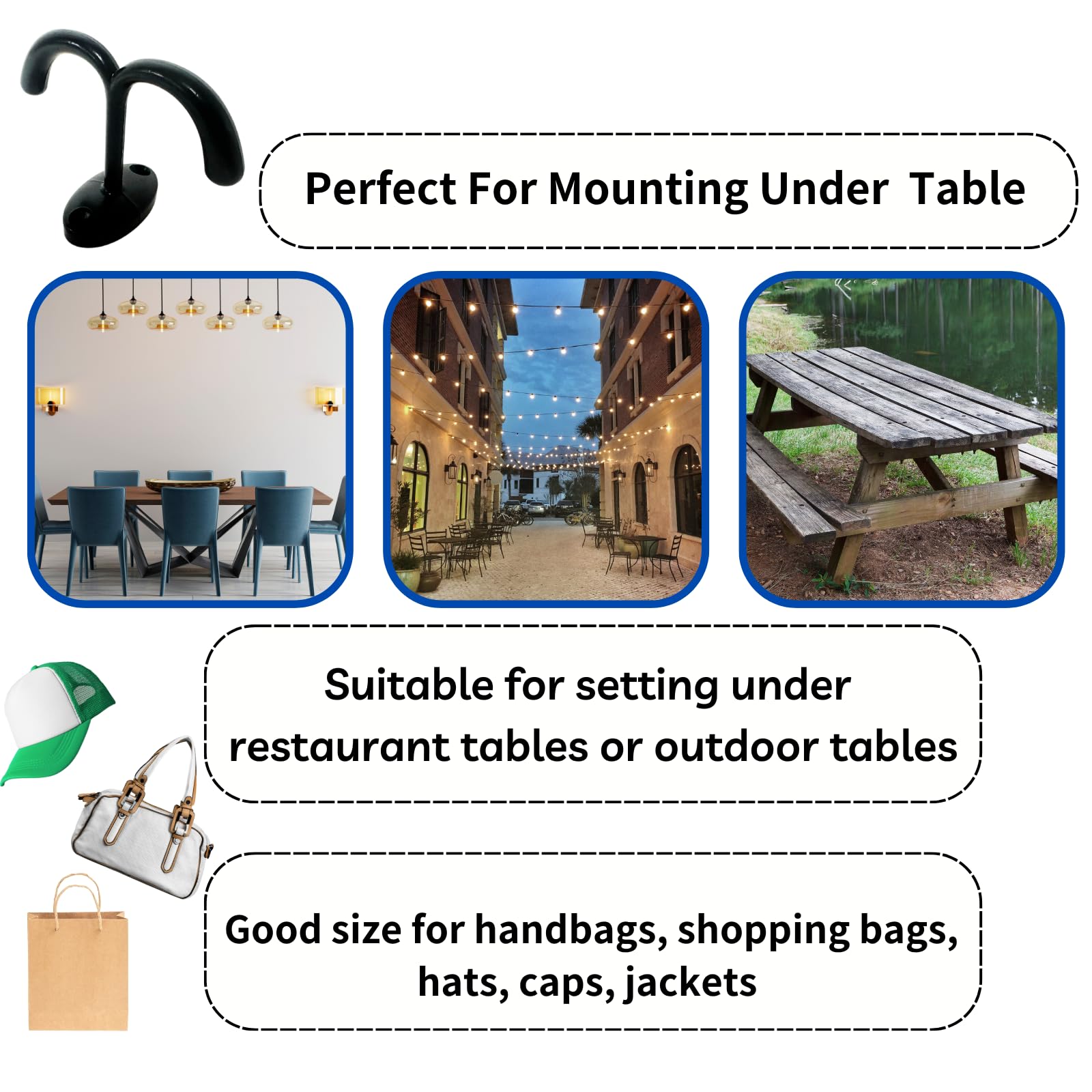 Kethyon Horizontal Double Prongs Hook with Anchor Like Design Suitable to Set Under Table (20 Screws Included) Wall Hanger (10 Pack, Black)