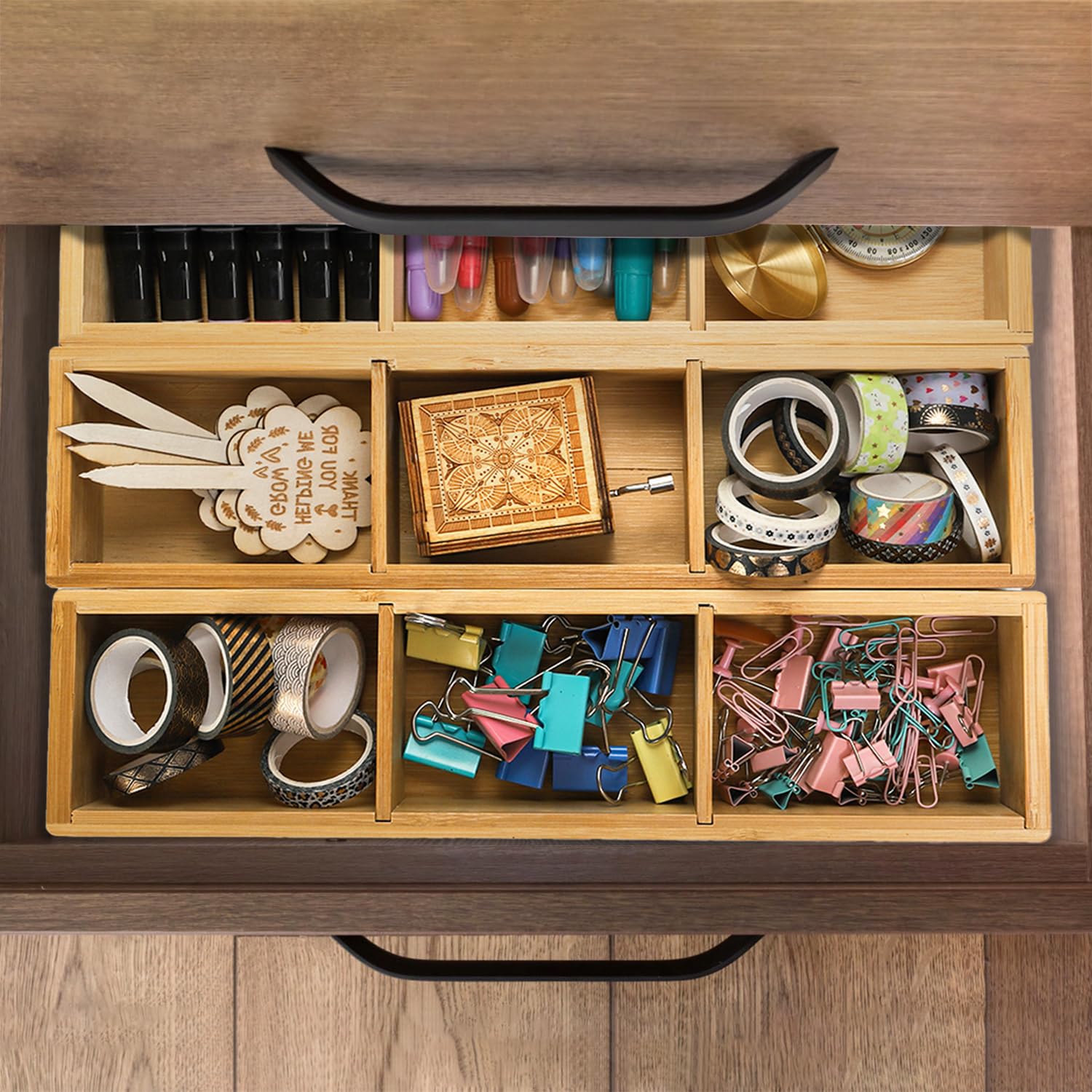 Kingrol Bamboo Drawer Organizers with Adjustable Dividers, Set of 3 Multi-Use Storage Containers for Office Kitchen Bedroom Bathroom, Individual Storage Boxes for Utensil Cutlery Makeup Junk