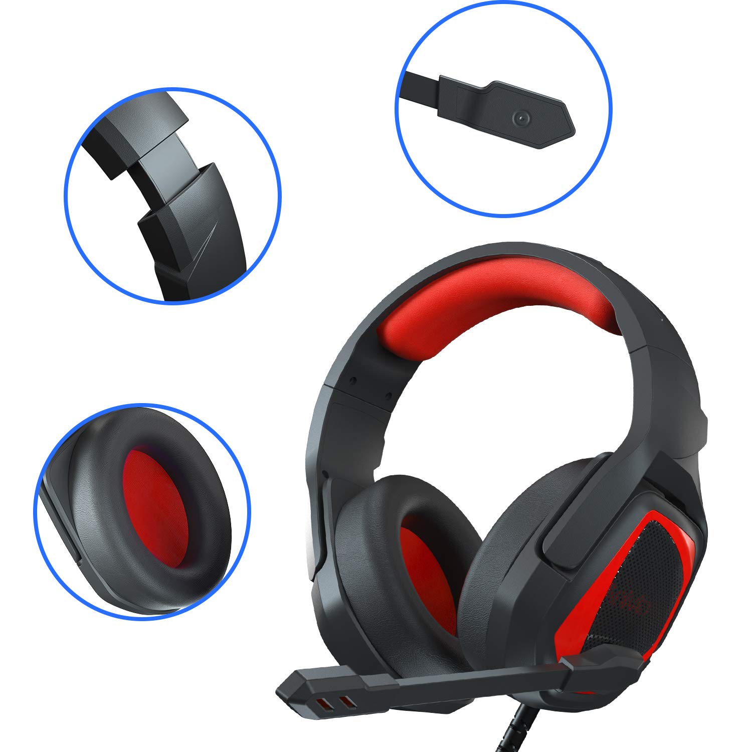 Computer Over Ear Headphones Wired with Microphone - Stereo Headset Gaming Headsets with Soft Memory Earmuffs, Noise Canceling, 3.5mm Audio-Jack for Multi-Platforms (Black Red)