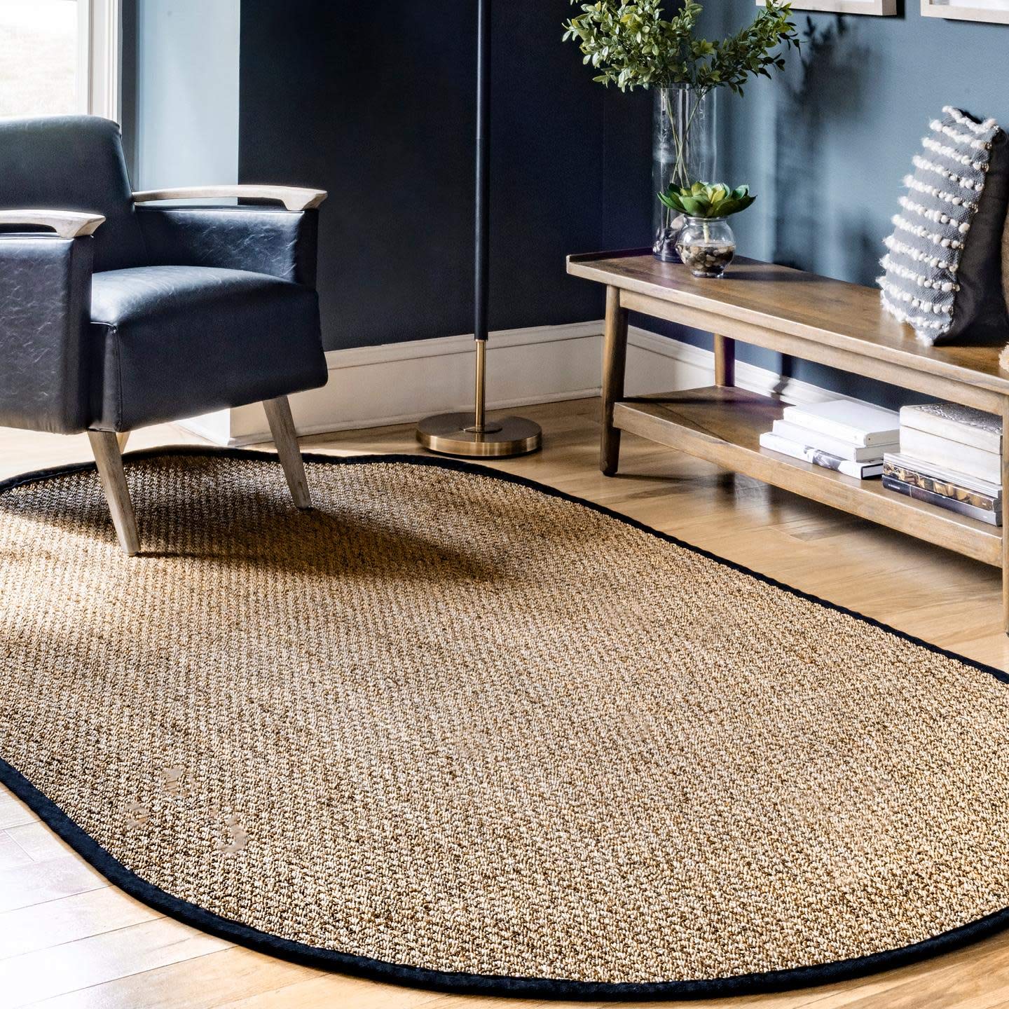 nuLOOM 8 Square Elijah Seagrass Area Rug, Black, Solid Farmhouse Style, Cotton Bordered, Basketweave, Natural Fiber, For Bedroom, Dining Room, Living Room, Hallway, Office, Kitchen, Entryway