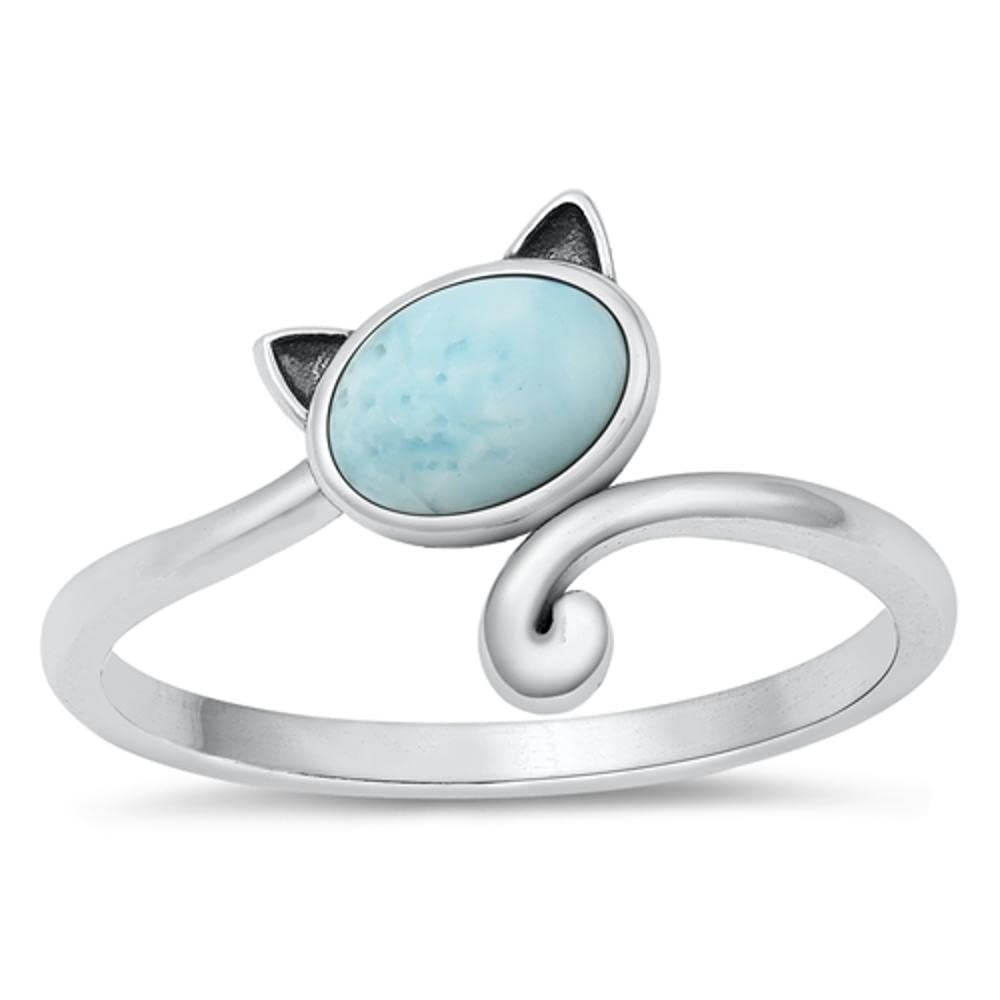 Cute Simulated Larimar Beautiful Spoon Ring New .925 Sterling Silver Cat Band Size 6