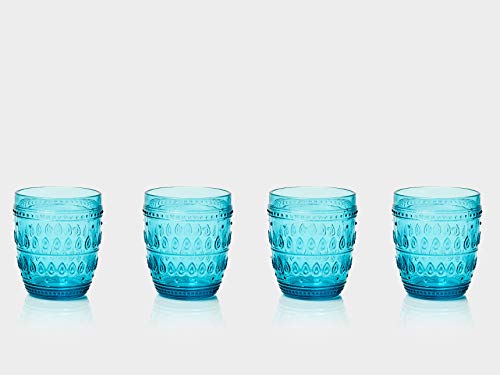 Euro Ceramica Fez Collection Drinkware and Glasses, 12oz Old Fashion Set of 4, Teardrop Mandala Design, Turquoise