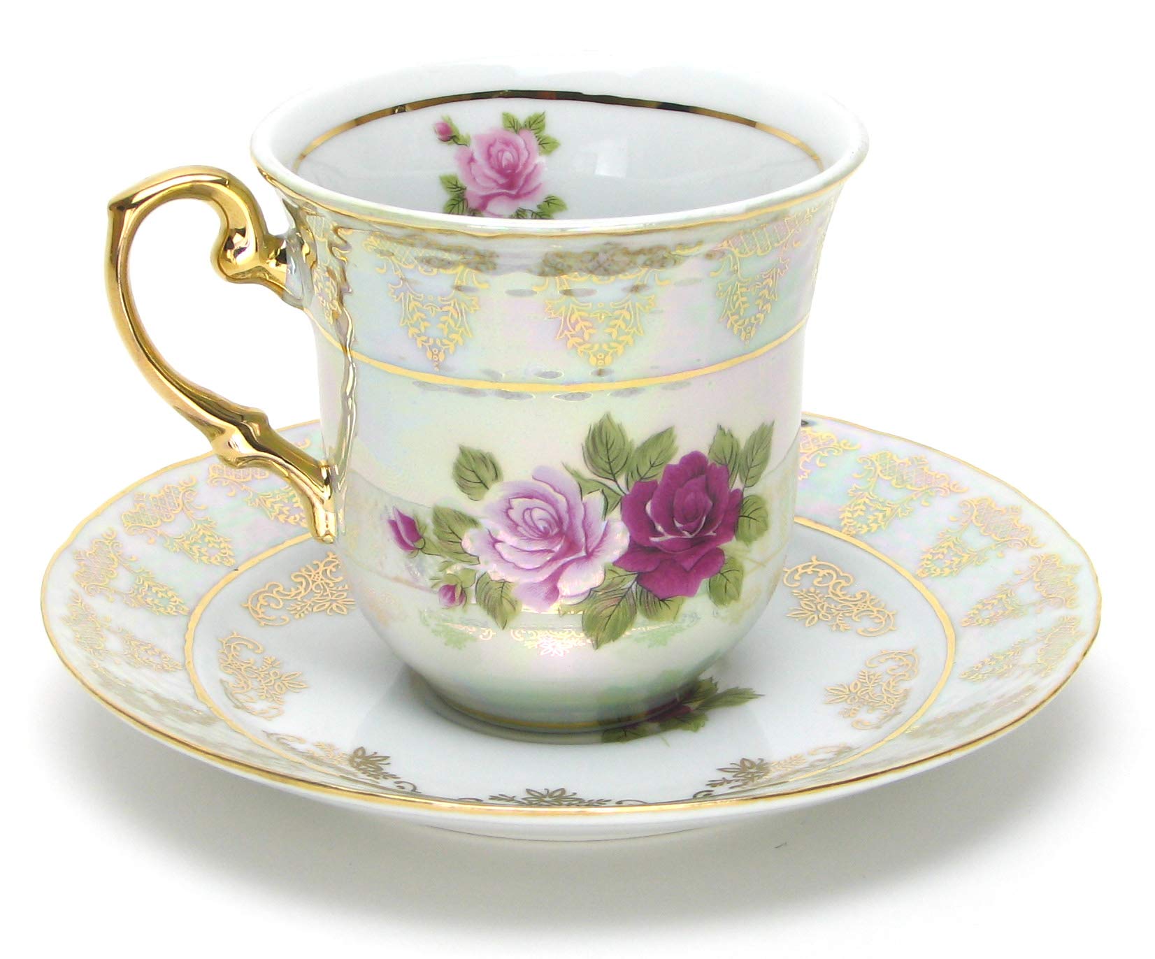 Euro Porcelain 12-Pc."Roses" Tea Cup and Saucer Coffee Set (8 oz.), White Pearlescent Floral Pattern with 24K Gold-Plated Accents, Tea Service for 6, Vintage Czech Tableware