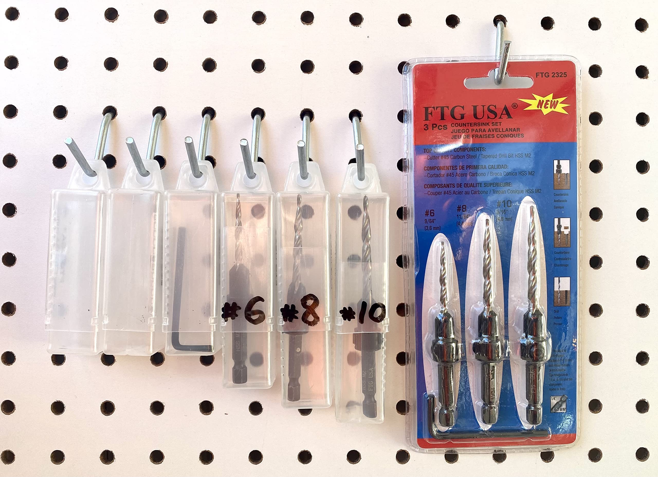 FTG USA Wood Countersink Drill Bit Set #6#8#10 Set Countersink HSS M2 Tapered Drill Bits, Quick Change 1/4 inch Hex Shank Countersink Bit, 1 Allen Wrench, and 6 Storage Containers for Countersinks