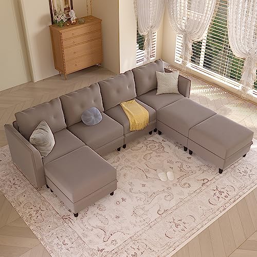 LLappuil Velvet Modular Sectional Sofa with Reversible Chaises, 7 Seater U Shape Sectional with Storage, Waterproof, Anti-Scratch and Antistatic Modular Couch for Living Room, Brown