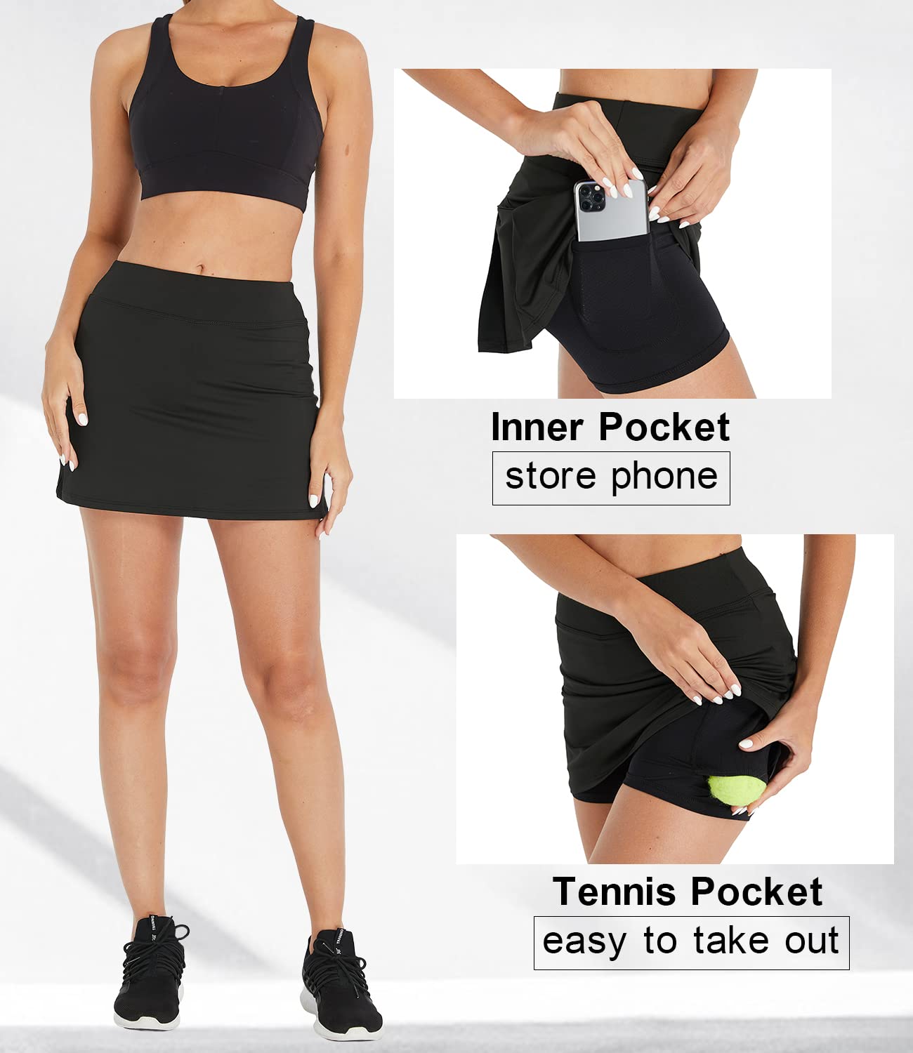 Cityoung Womens Athletic Pleated Golf Skirts with Pockets Tennis Skirt High Waisted with Shorts Running Workout Black L