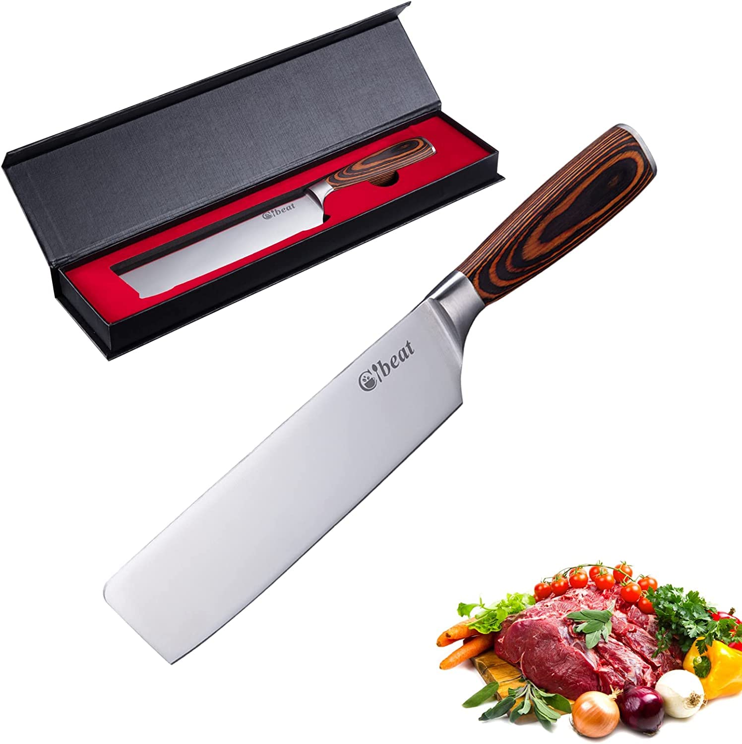GlowSol Japanese Chef Knife, 7 Inch Meat Vegetable Cleaver Knife, Stainless Steel Butcher, Professional Kitchen Knife with Ergonomic Handle for Kitchen Restaurant